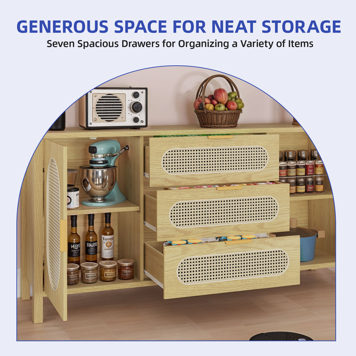 Bay Isle Home™ 63" Rattan Buffet Sideboard with Drawers, Doors, and Adjustable Shelves | Wayfair